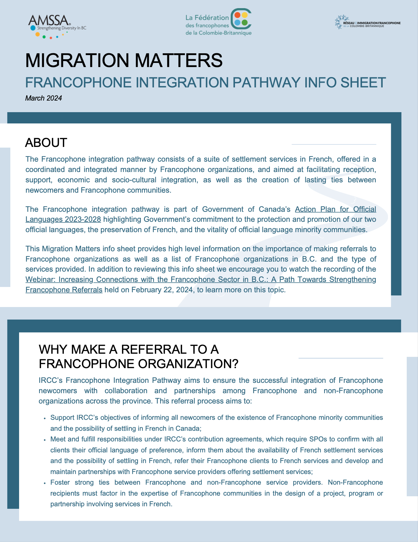 Migration Matters Info Sheet: Francophone Integration Pathway – AMSSA